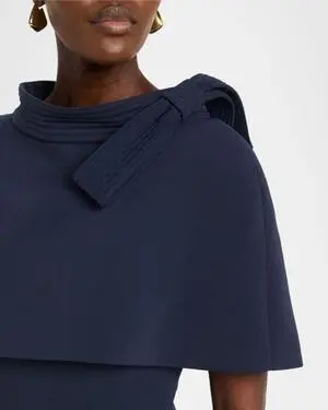 Badgley Mischka Bodycon Funnel-neck Capelet Midi Dress - Navy