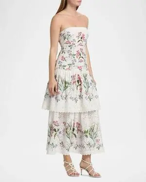 Hemant & Nandita Floral Cotton Tiered Strapless Maxi Dress - Ivory