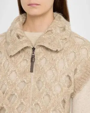 Brunello Cucinelli Turtleneck Paillette Mohair-blend Open Knit Zip Vest