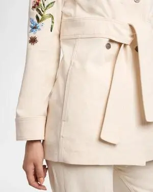 Valentino Garavani Floral Embroidered Double-breasted Denim Jacket - Ivory