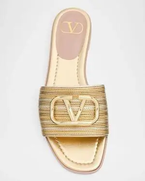 Valentino Garavani Vlogo Metallic Corded Leather Flat Slide Sandals