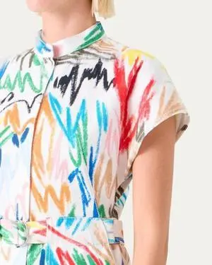 Akris Scribble Denim Cap-sleeve Belted Mini Shirtdress - Cream/multi