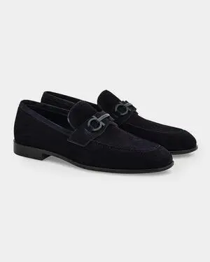 FERRAGAMO Apos;s Foster Textured Suede Gancini Bit Loafers - Navy