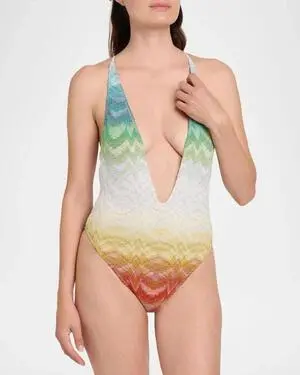 Missoni Chevron Plunge One-piece Swimsuit Smsp1-mult