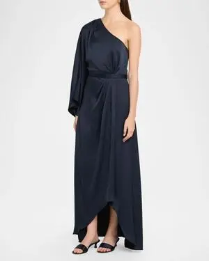 Ramy Brook Opal One-shoulder High-low Gown Navy