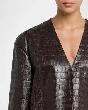 Michael Kors Crocco Leather V-neck Top