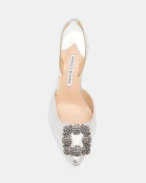 Manolo Blahnik 70mm Hangisli Metallic Leather Slingback Pumps With Crystal Buckle