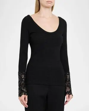 Brunello Cucinelli Shimmering Cuff Wool Jersey Long-sleeve Top