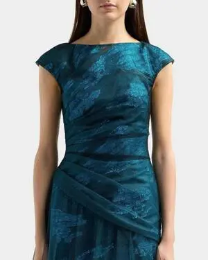 Rene Ruiz Collection Illusion Tulle & Fil Coupe Draped Gown - Teal