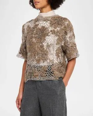 Brunello Cucinelli Mohair Diamante Floral Embroidered Mesh Sweater - C9176