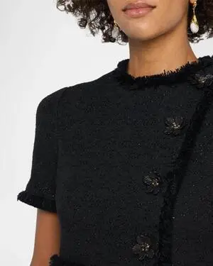 Rickie Freeman For Teri Jon Fringed Floral Applique Tweed Dress - Black