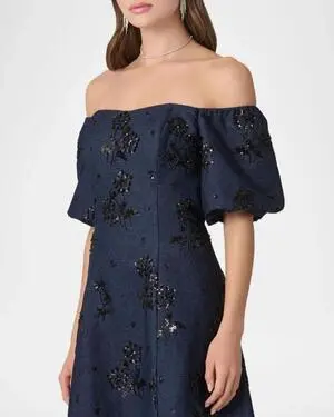 Shoshanna Mona Sequined Denim Off-the-shoulder Dress
