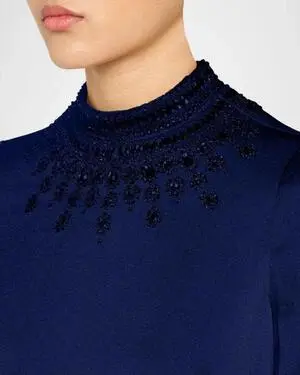 Rickie Freeman For Teri Jon Embellished Collar Satin Gown - Navy