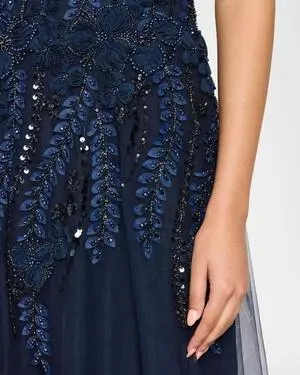 Rickie Freeman For Teri Jon Floral-embellished Tulle Strapless Gown - Navy