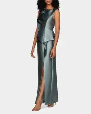 KAY UNGER Luciana Satin Floral Column Gown - Iceberg