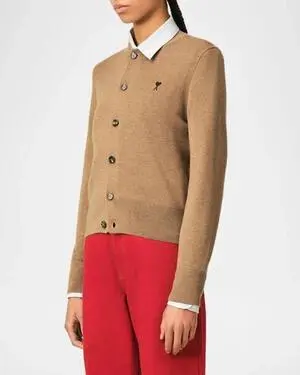 AMI Paris Ami De Coeur Embroidered Wool Crewneck Cardigan Camel
