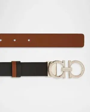 FERRAGAMO Donna Reversible Leather Double Gancini Belt - Nero