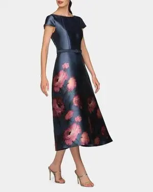 KAY UNGER Ina Mikado Poppy Tea-length Cocktail Dress - Chambray Multi