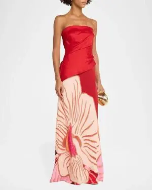 Acler Femme Fatale Lingle Floral Strapless Maxi Dress - Rouge Ecli
