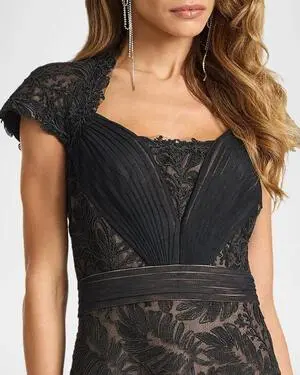 Tadashi Shoji Pleated Mesh & Textured Lace Midi Dress - Black/nude