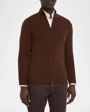 Neiman Marcus Apos;s Cashmere Rib-knit Mock Neck Full-zip Sweater - Umber
