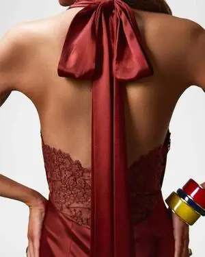 Retrofete Melly Satin Lace-trim Scarf Gown - Cigar