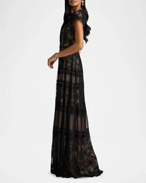 Tadashi Shoji Tiered Scallop-trim Lace Gown