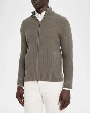Neiman Marcus Apos;s Cashmere Wide-rib Mock Neck Full-zip Sweater