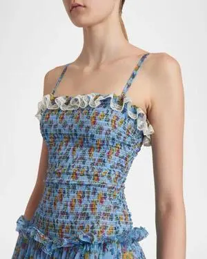 Dolce & Gabbana Floral Smocked Chiffon Sleeveless Maxi Dress