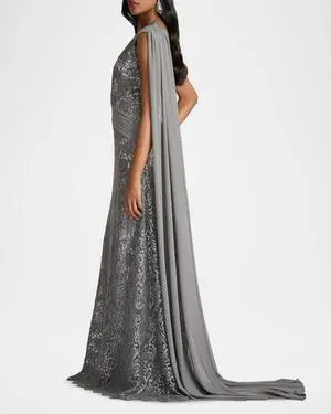 Tadashi Shoji Draped One-shoulder Sequin Gown