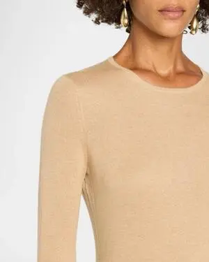 Neiman Marcus Superfine Cashmere Crewneck Sweater - Camel