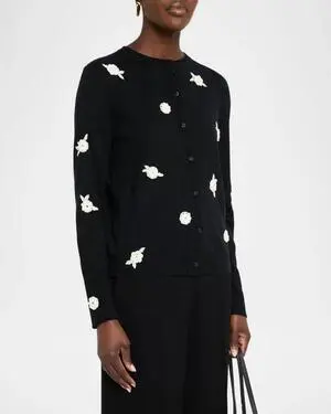 Lafayette 148 New York Crewneck Floral Applique Cashmere Cardigan - Black Mult