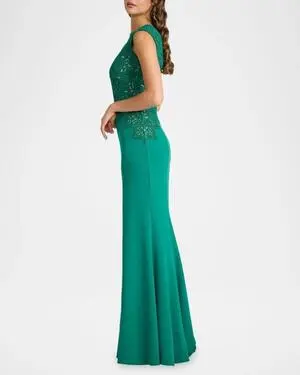 Tadashi Shoji Gant Sleeveless Embroidered Crepe Gown - Emerald