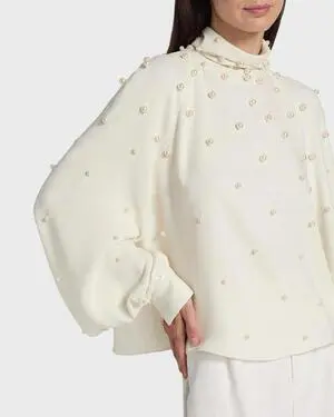 Oscar De La Renta Pearly Beaded Silk Georgette Balloon-sleeve Blouse - Ivory