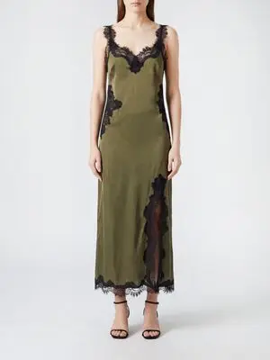 Gold Hawk Midi Slip Dress In Silk With Slit And Lace Inserts - Green
