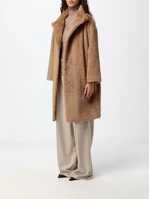 Herno Long Single-breasted Faux Fur Coat With High Neck - Brown