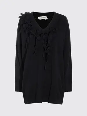 Alberta Ferretti V-neck Wool Knit Mini Dress With Flower Appliqu