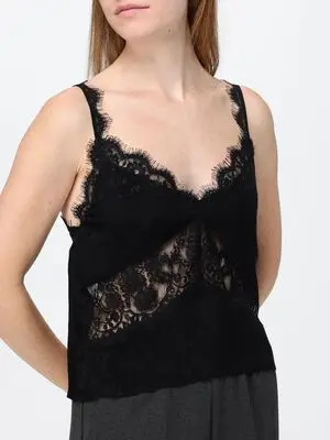 Pinko Satin Evening Top With Lace Inserts And V-neck