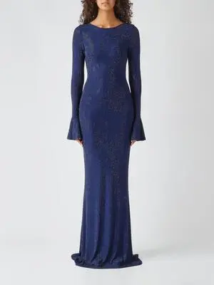 TWENTY FOURHAITCH Long Sheath Evening Gown In Jersey With Rhinestones And Flared Cuffs - Navy