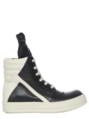Rick Owens Geometric Panel Leather Sneakers With Extended Tongue And Inside-ankle Zip
