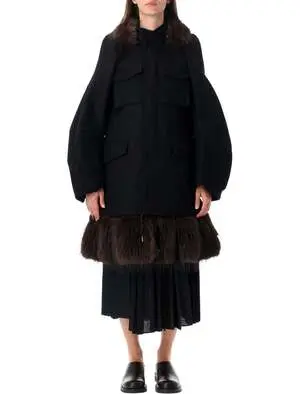 Sacai Wool Melton Sculptural Jacket With Faux-fur Trim & Removable Diamond-quilted Lining