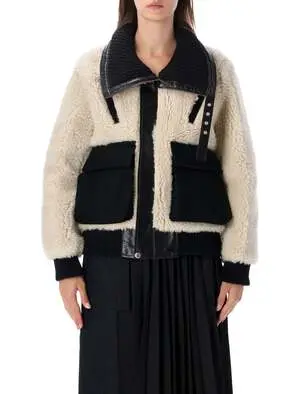 Sacai Two-tone Faux Shearling Bomber Blouson With Ribbed Oversized Collar