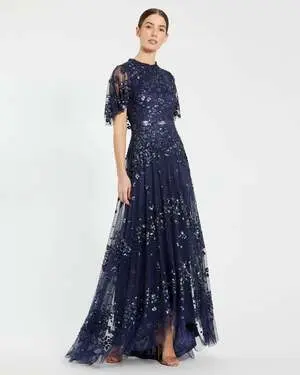 Mac Duggal Petite Midnight Sequined High Neck Flutter Sleeve A Line Gown