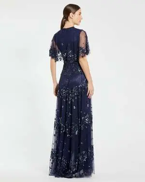 Mac Duggal Petite Midnight Sequined High Neck Flutter Sleeve A Line Gown