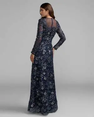 Mac Duggal Embellished Floral Long Sleeve A-line Gown