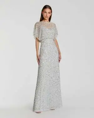 Mac Duggal Petite Powder High Neck Short Sleeve Embellished Gown