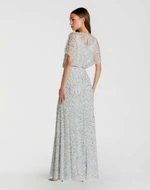 Mac Duggal Petite Powder High Neck Short Sleeve Embellished Gown