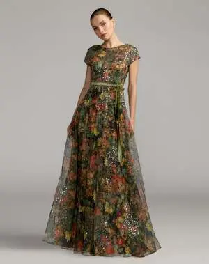 Mac Duggal Charcoal Multi Floral Cap Sleeve A-line Gown Multicolor