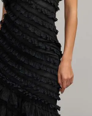 Mac Duggal Sleeveless One Shoulder Lace Trim Ruffle Gown