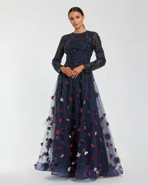MAC DUGGAL COLLECTION Beaded Floral A Line Gown With Feathers